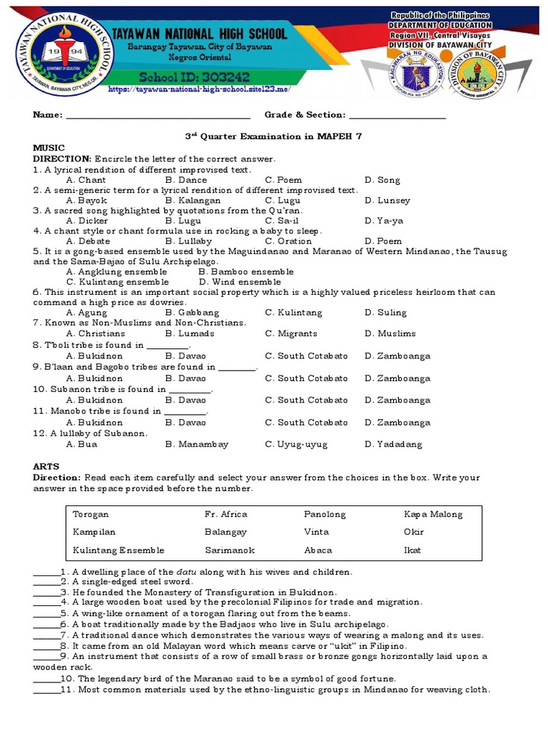 MAPEH 7 3rd Quarter Exam Guide | PDF | Adolescence | Dances