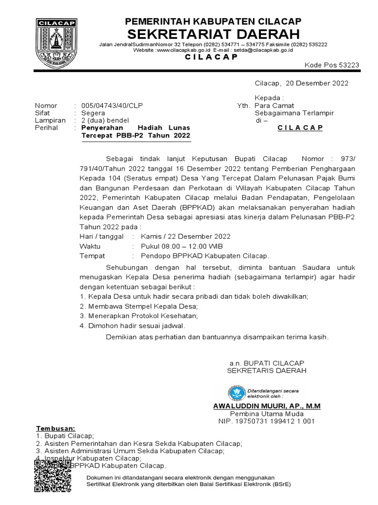 Penyerahan Hadiah Lunas Tercepat PBB-P2 Tahun 2022 | PDF