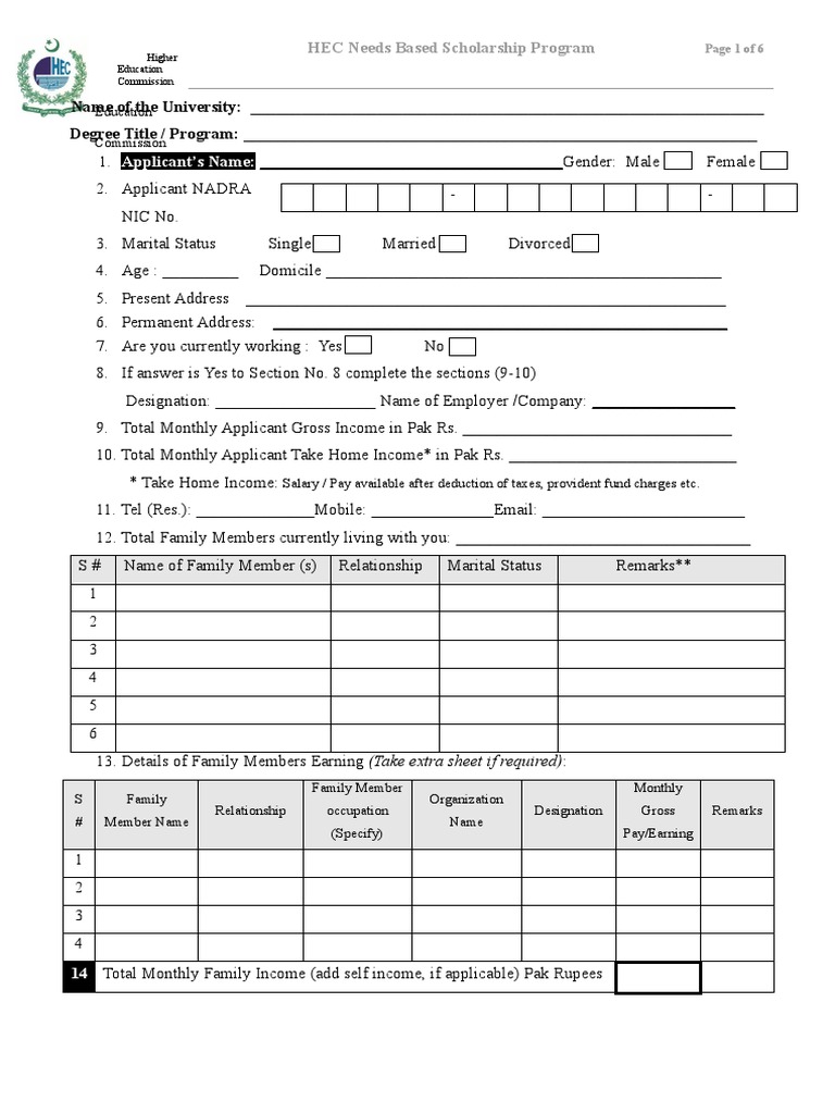 Hec Need Based Scholarship Form | PDF | Loans | Renting