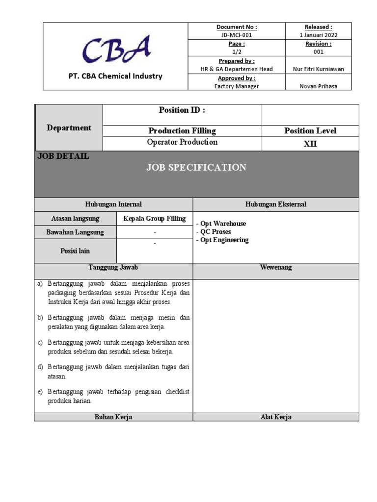 Job Detail Operator Filling | PDF