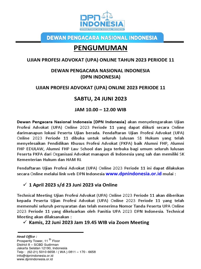 Panduan Tahapan Pendaftaran Ujian Profesi Advokat UPA 2023 Online Periode 11 DPN Indonesia | PDF