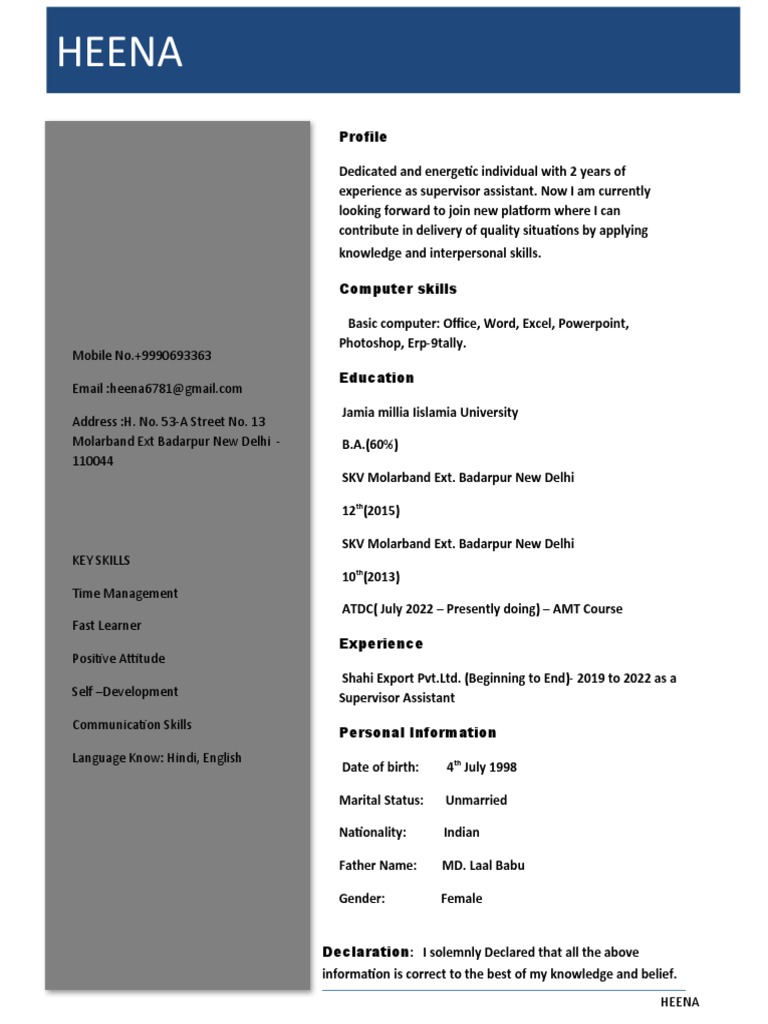 Heena Resume 123 | PDF