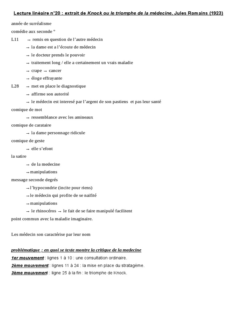 Lecture Linéaire N°20 Extrait de Knock Ou Le Triomphe de La Médecine, Jules Romains (1923) | PDF