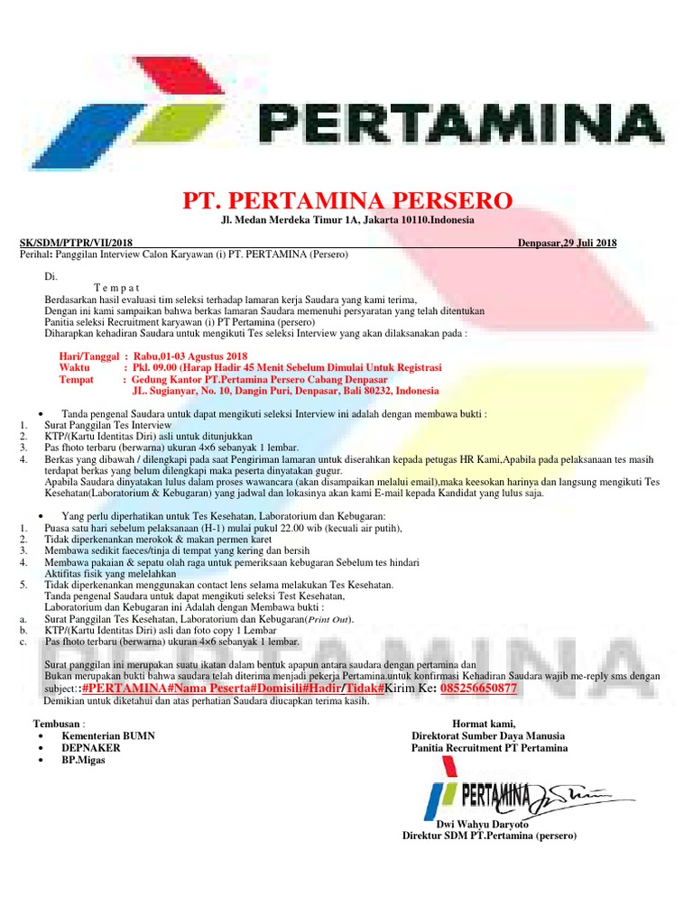 Surat Panggilan Interview Calon Karyawan (I) PT. PERTAMINA (Persero) | PDF