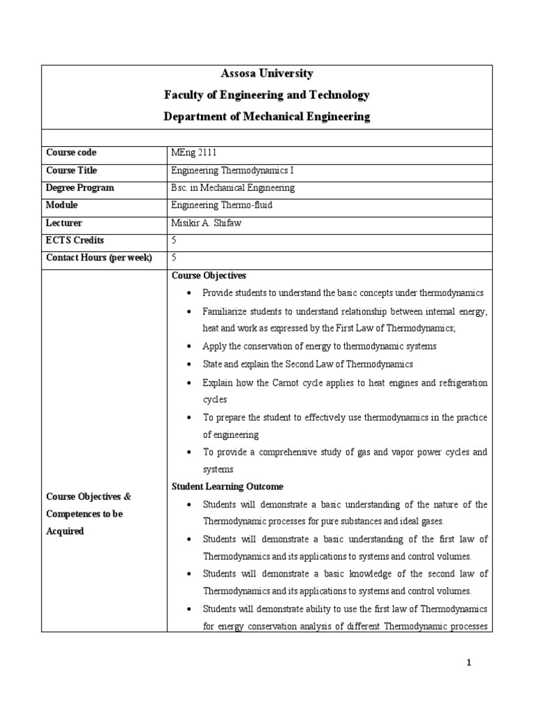 Thermodynamics II Course Outline | PDF