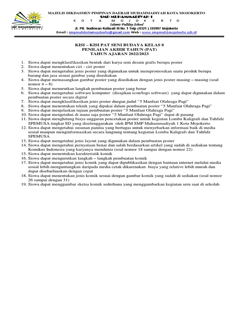 Kisi - Kisi Pat Seni Budaya Kelas 8 | PDF