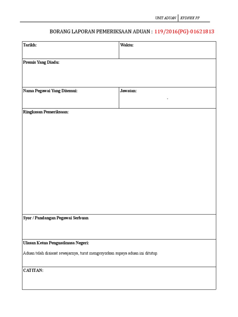 Borang Laporan Pemeriksaan Aduan | PDF