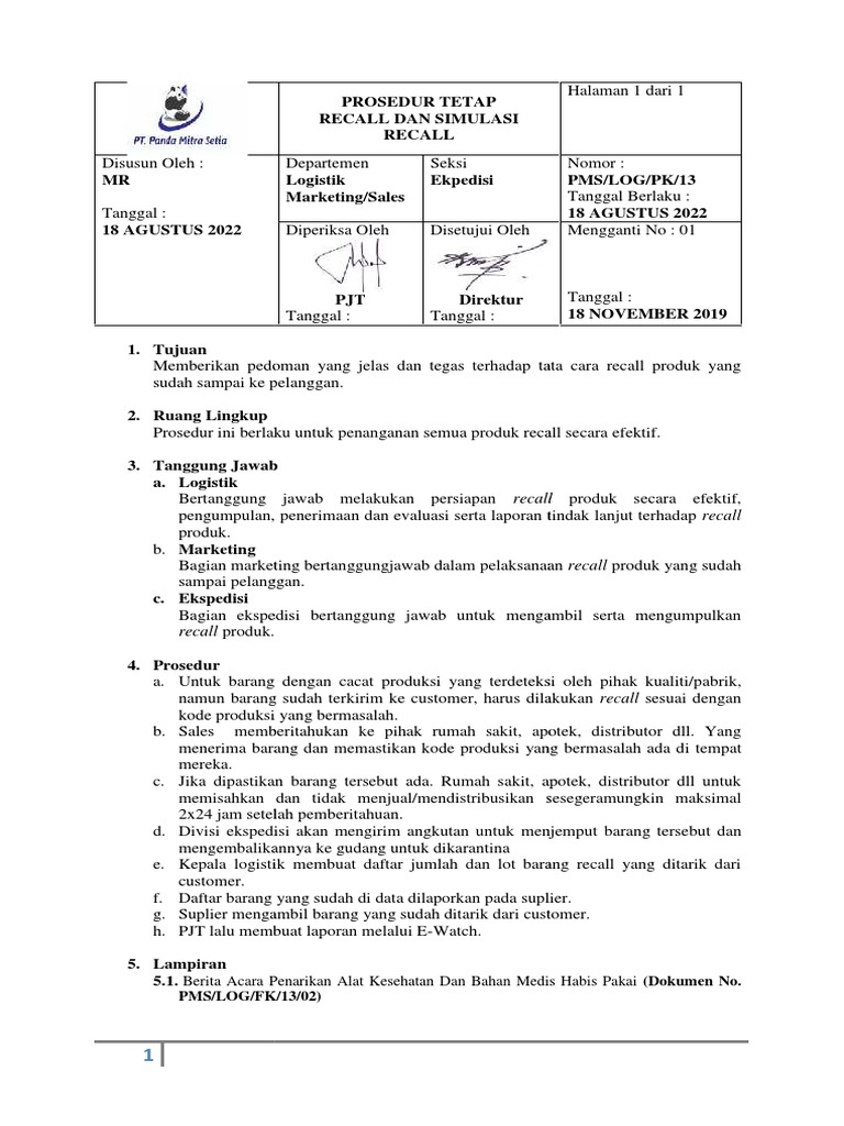 Prosedur Tetap Recall Dan Simulasi Recall | PDF