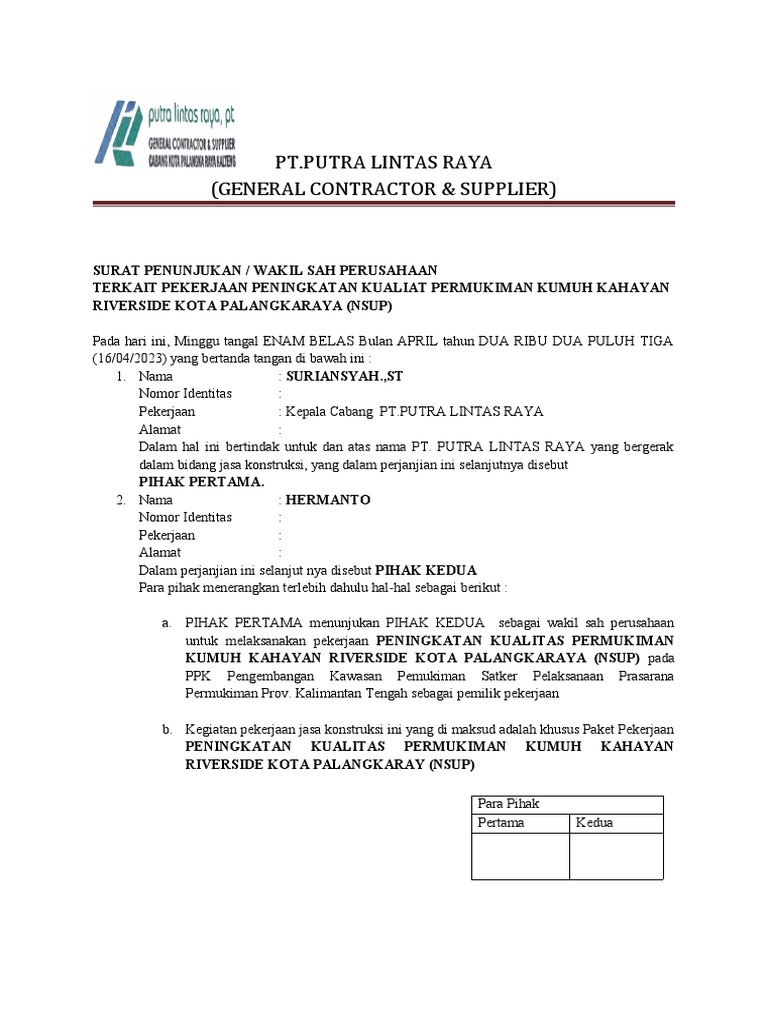 Surat Perjanjian PT - Putra Lintas Jaya | PDF
