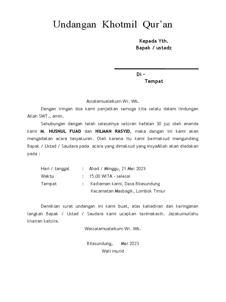 Undangan Tasyakuran Khotmil Qur'an 2023 | PDF