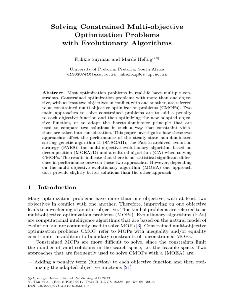 Solving Constrained Multi Objective Optimization Problems With Evolutionary Algorithms Pdf
