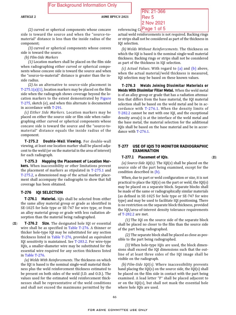 T-277 Use of Iqis To Monitor Radiographic Examination: ASME BPVC.V-2021 Article 2 | PDF