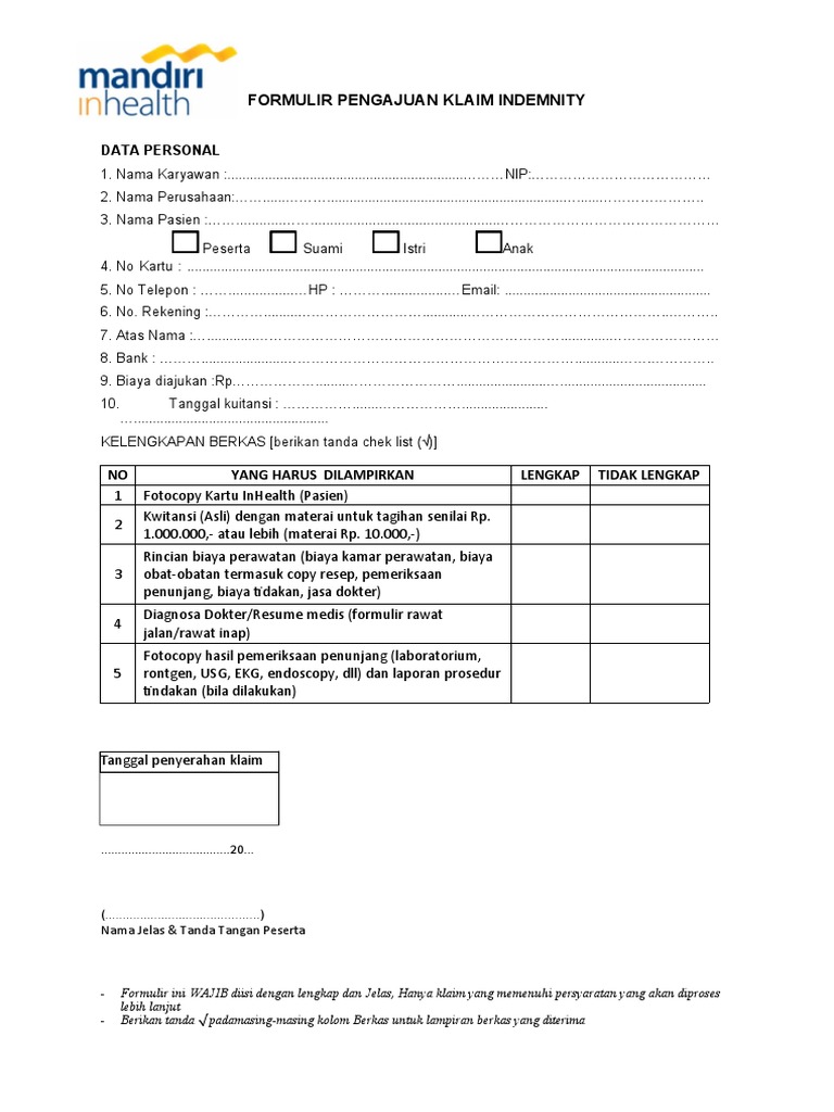 Formulir Klaim Reimburse Rawat Inap Mandiri Inhealth Pdf