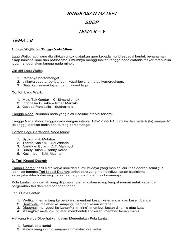 Ringkasan Materi SBDP Tema 8-9 | PDF