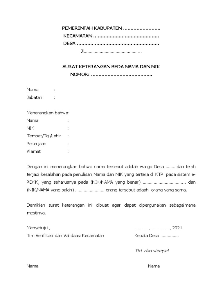 Surat Keterangan Beda Nik | PDF
