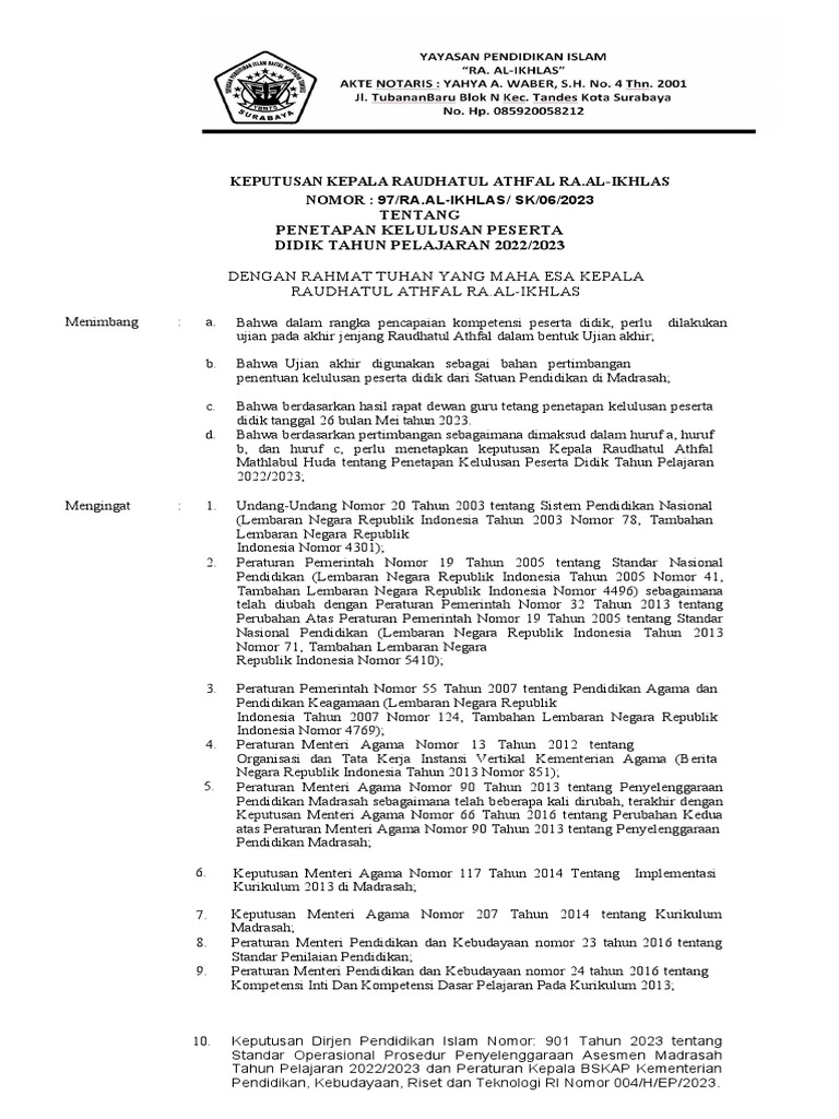 SK Kelulusan Ra - Al-Ikhlas 2022-2023 | PDF