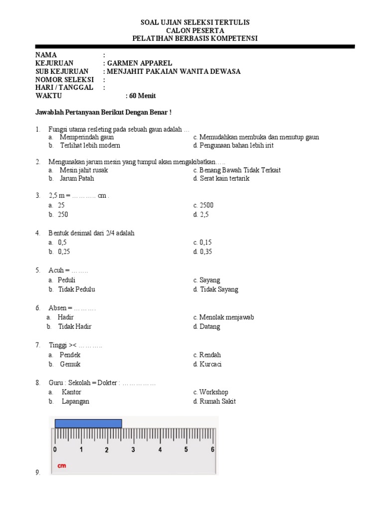 CONTOH SOAL UJIAN SELEKSI TERTULIS PELATIAHAN MENJAHIT | PDF