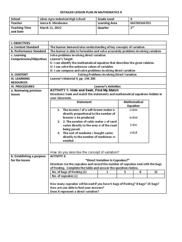 DETAILED LESSON PLAN IN MATHEMATICS 9 (Recovered) | PDF