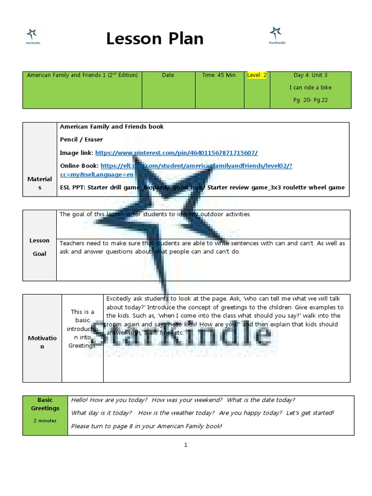 Day 4 - ESL - Level 2 - Unit 3 I Can Ride A Bike | PDF