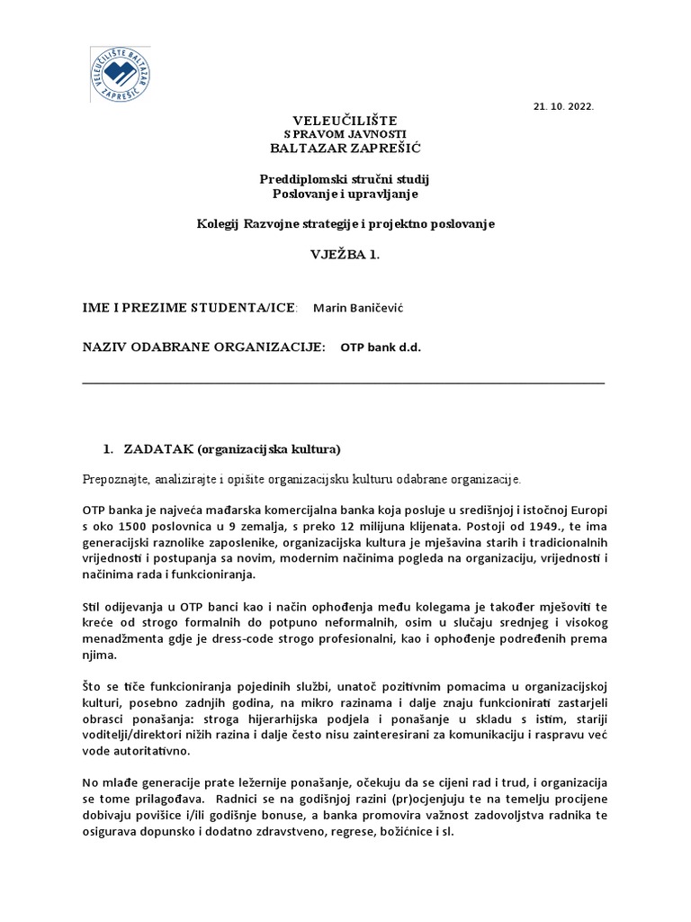 Vježba Primjer Za Organizacijsko Ponašanje | PDF