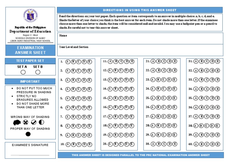 Exam Shading Answer Sheet Guidelines | PDF