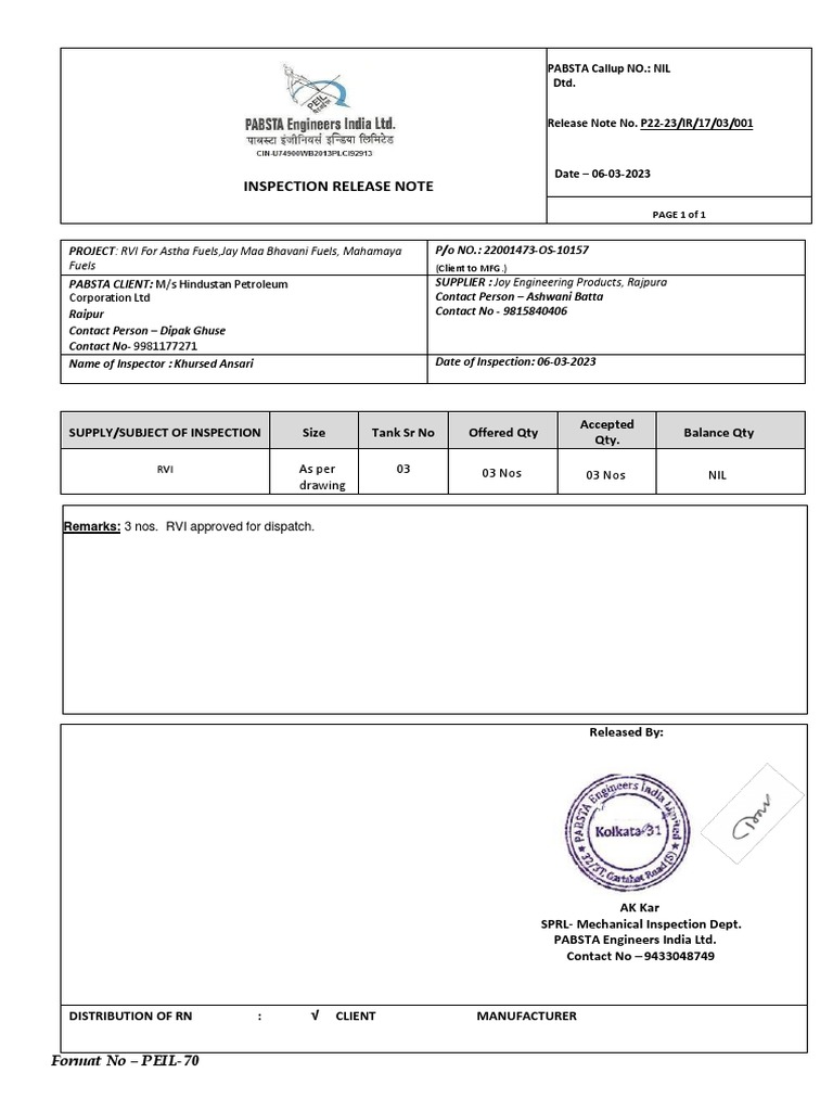 Inspection Release Note 06.03.2023 | PDF | Building Materials | Building Engineering