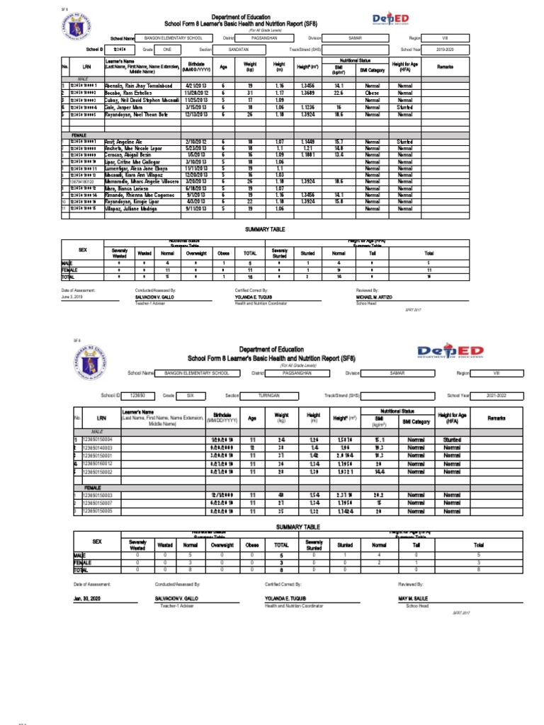 School Form 8 SF8 Learner Basic Health and Nutrition Report | PDF
