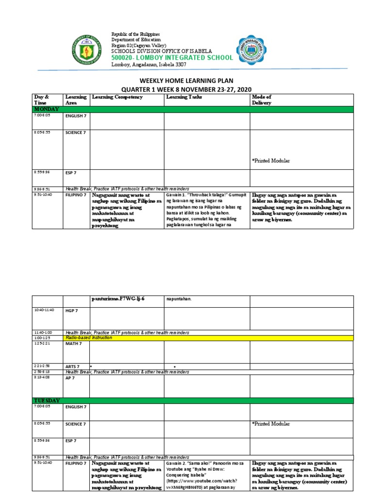 Weekly Home Learning Plan Week 8 Fil.7 | PDF