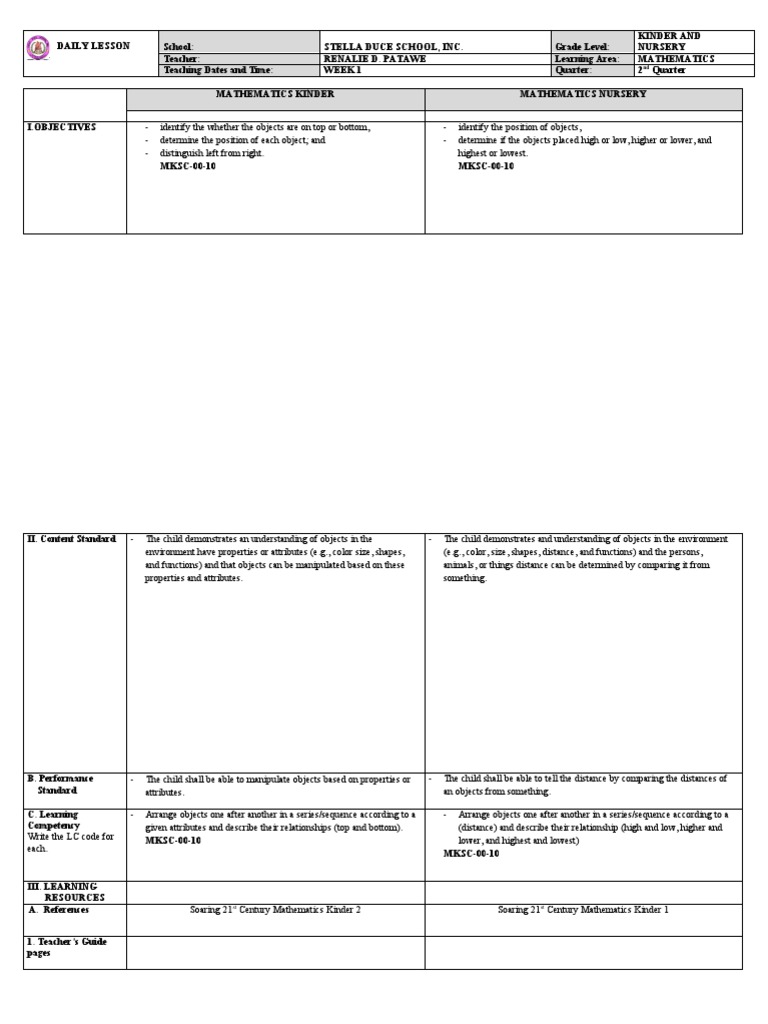 Kinder-Nursery MATH DLL | PDF