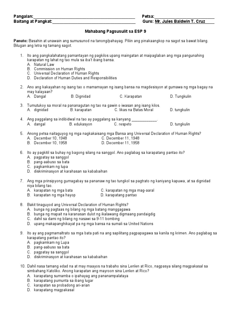 Esp 9 Long Quiz | PDF
