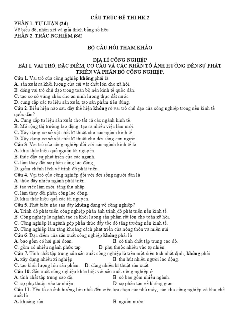 MỘT SỐ CÂU HỎI THAM KHẢO ÔN THI HK2 | PDF