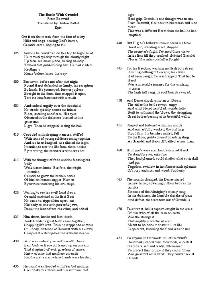 The Battle With Grendel | PDF | Beowulf | English Heroic Legends