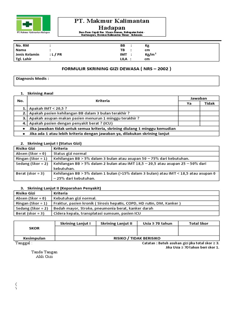 Formulir Skrining Gizi Dewasa NRS 2002 | PDF | Sains & Matematika