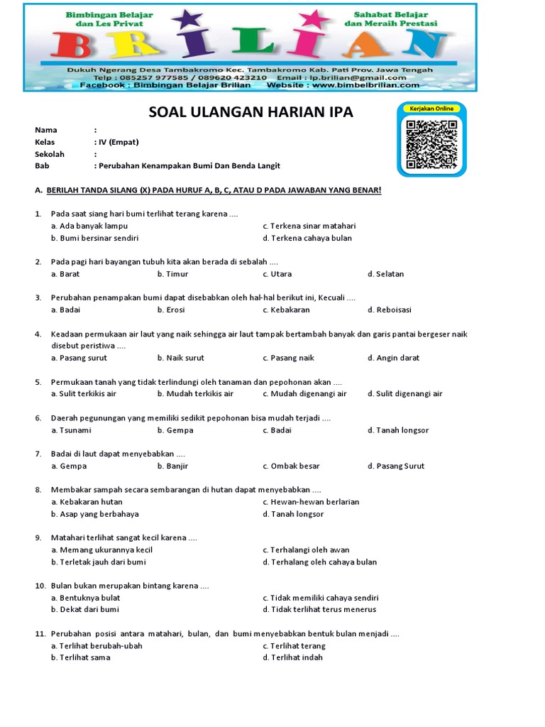 Soal Ulangan Harian IPA Kelas 4 SD - BAB 9 Perubahan Kenampakan Bumi Dan Benda Langit | PDF ...