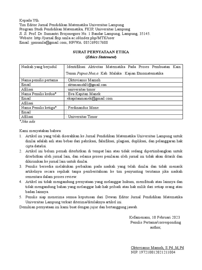 Surat Pernyataan Klirens Etik JPM Unila | PDF