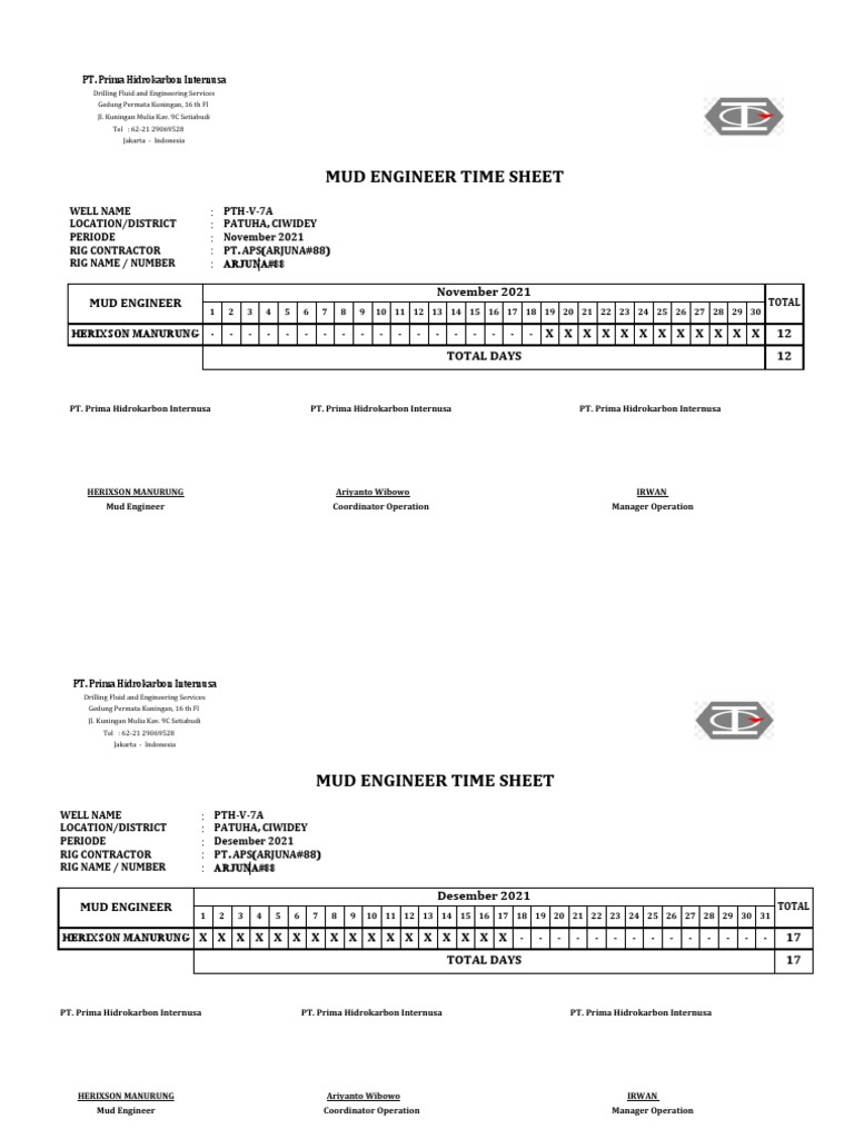 PTH-V-7A Mud Engineer Time Sheet | PDF | Geotechnical Engineering