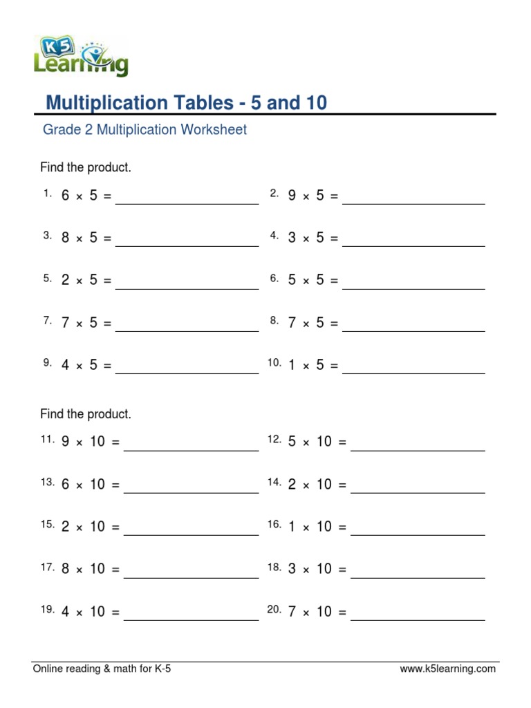 Grade 2 Multiplication Table 5 10 C | PDF