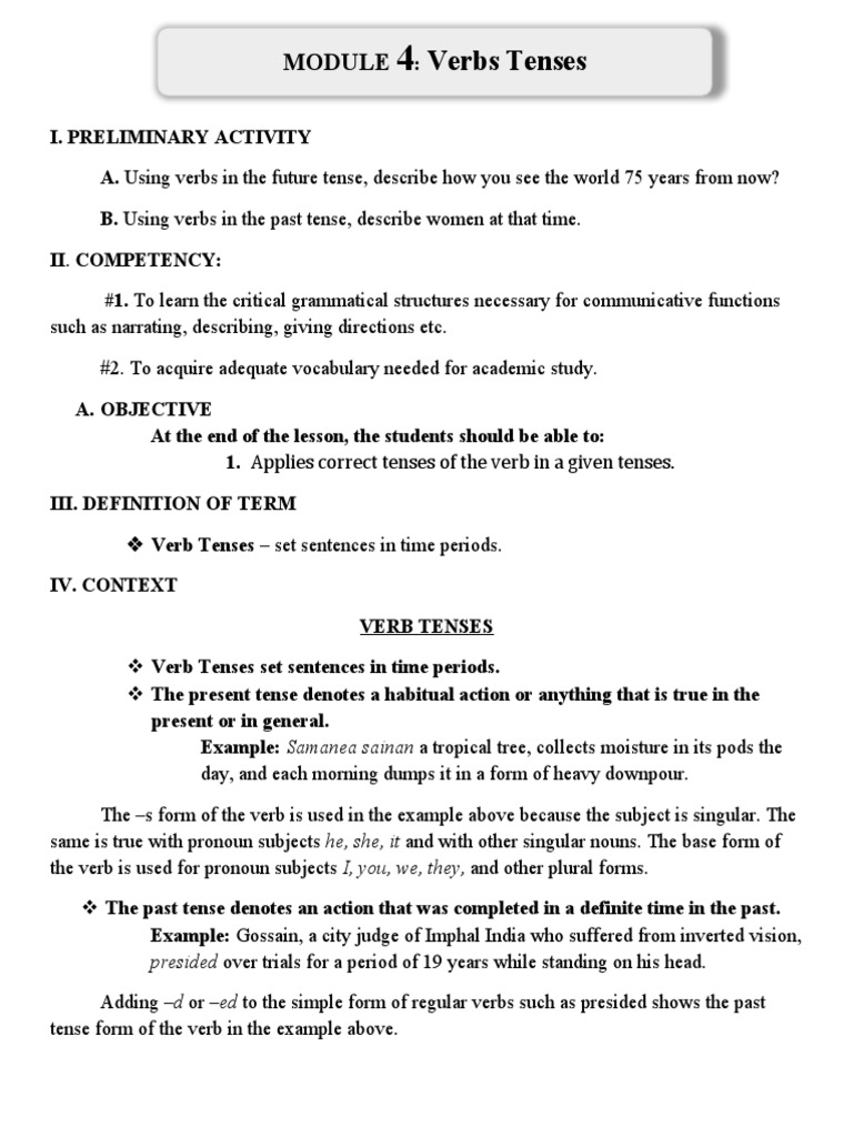 Module 5 - Verb Tenses | PDF | Grammatical Tense | Perfect (Grammar)