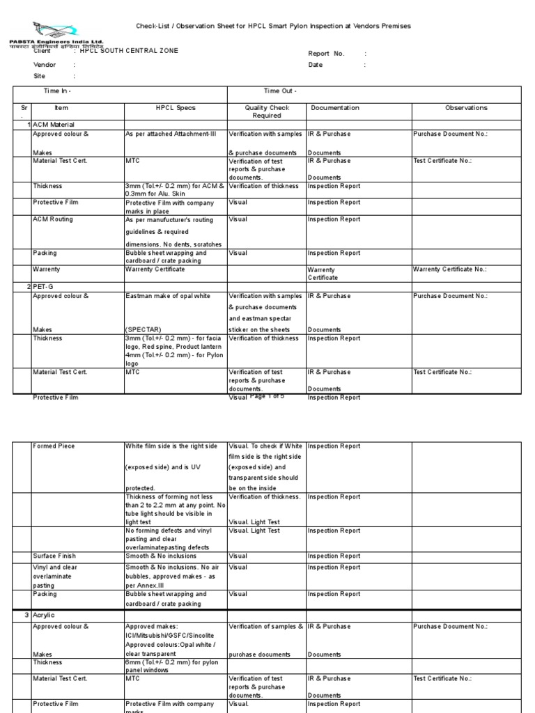 HPCL Smart Pylon Inspection Checklist | PDF | Technology & Engineering