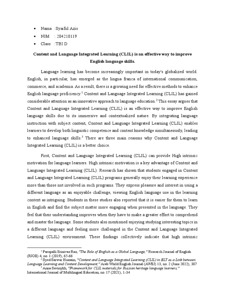 Content and Language Integrated Learning (CLIL) Is An Effective Way To Improve English Language ...