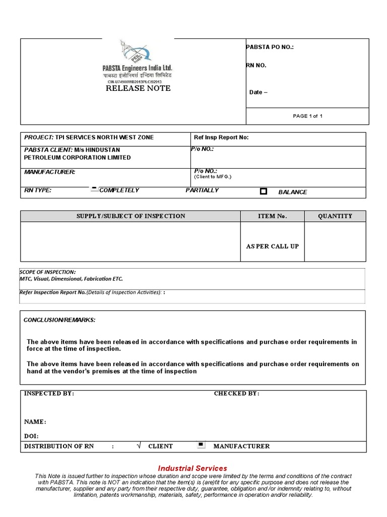 Inspection Release Note Pylon | PDF