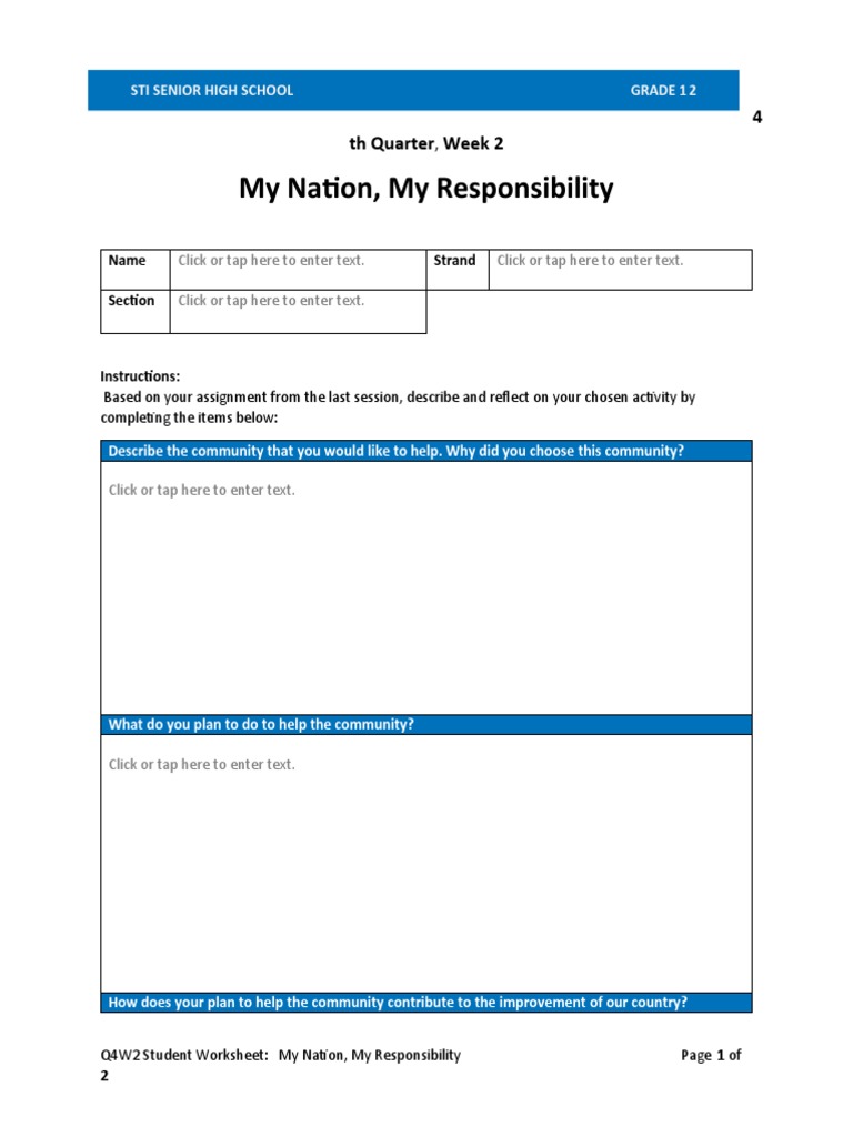 G124QW2 Worksheet - My Nation My Responsibility | PDF