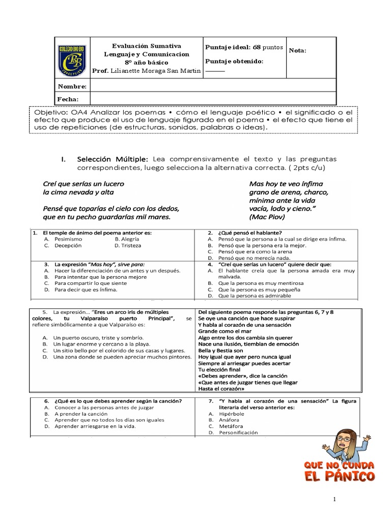 Prueba Lenguaje 8vo Genero Lirico | PDF