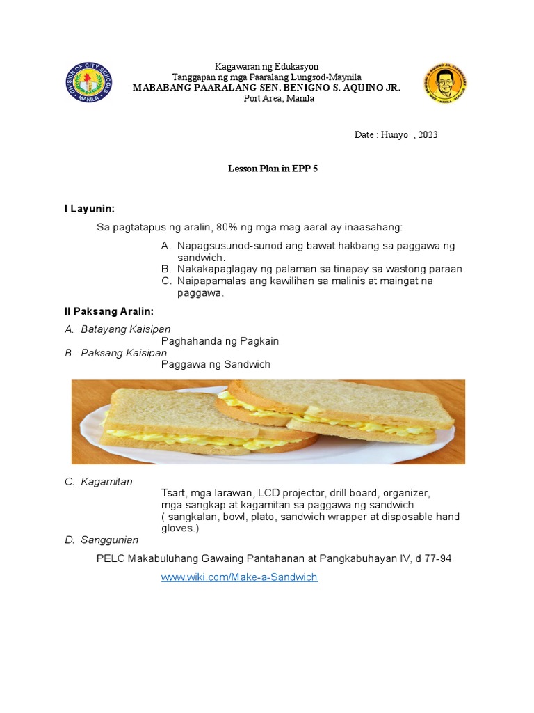 lesson plan sa paggawa ng sandwich | PDF
