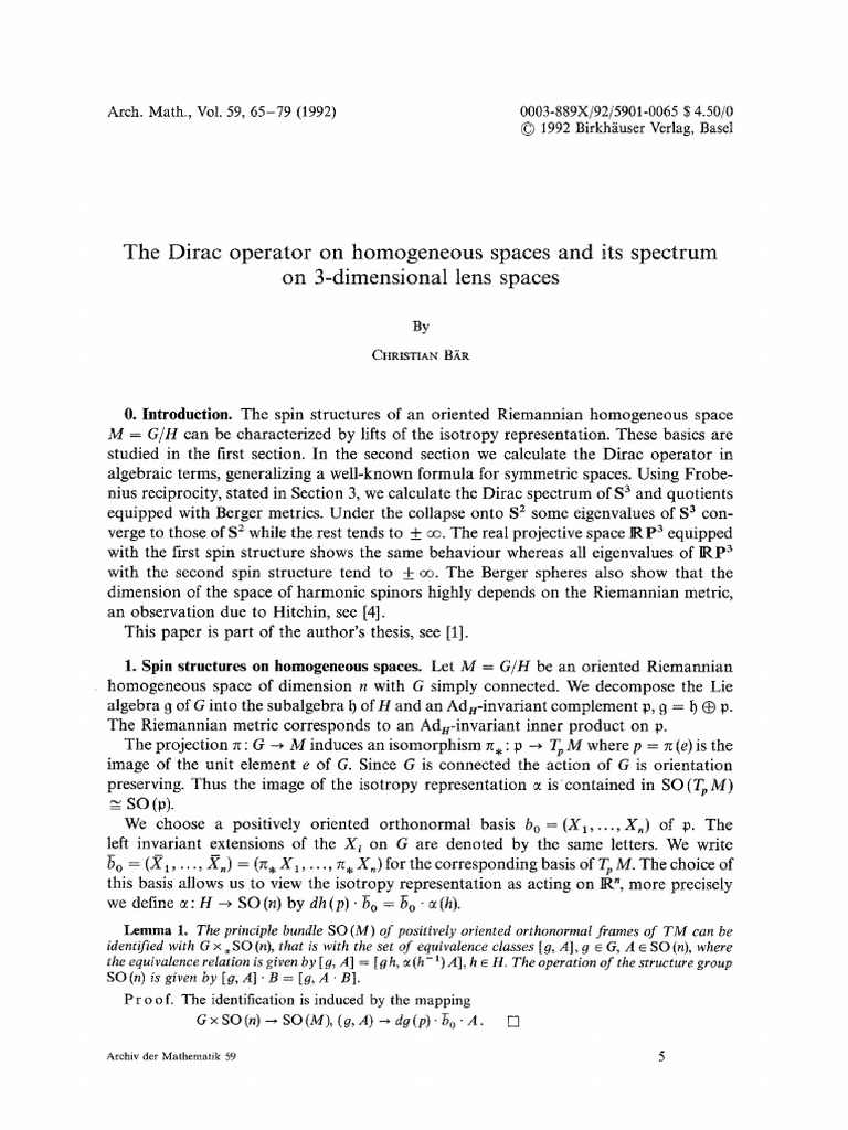 Bar-1992-The Dirac Operator On Homogeneous | PDF
