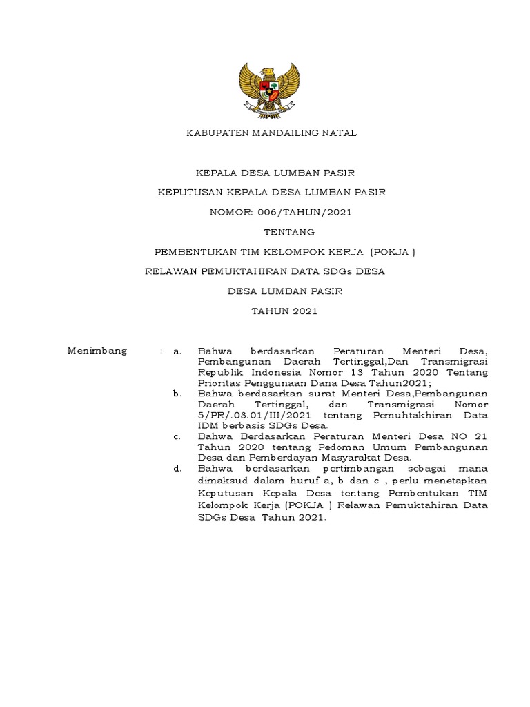 SK TIM POKJA PEMUTAKHIRAN SDGS Desa dan IDM 2021 | PDF