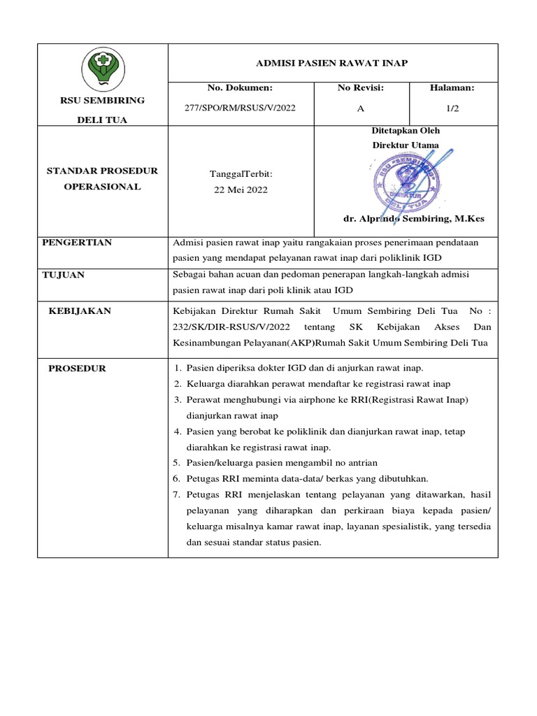 Prosedur Admisi Pasien Rawat Inap RSU Sembiring | PDF