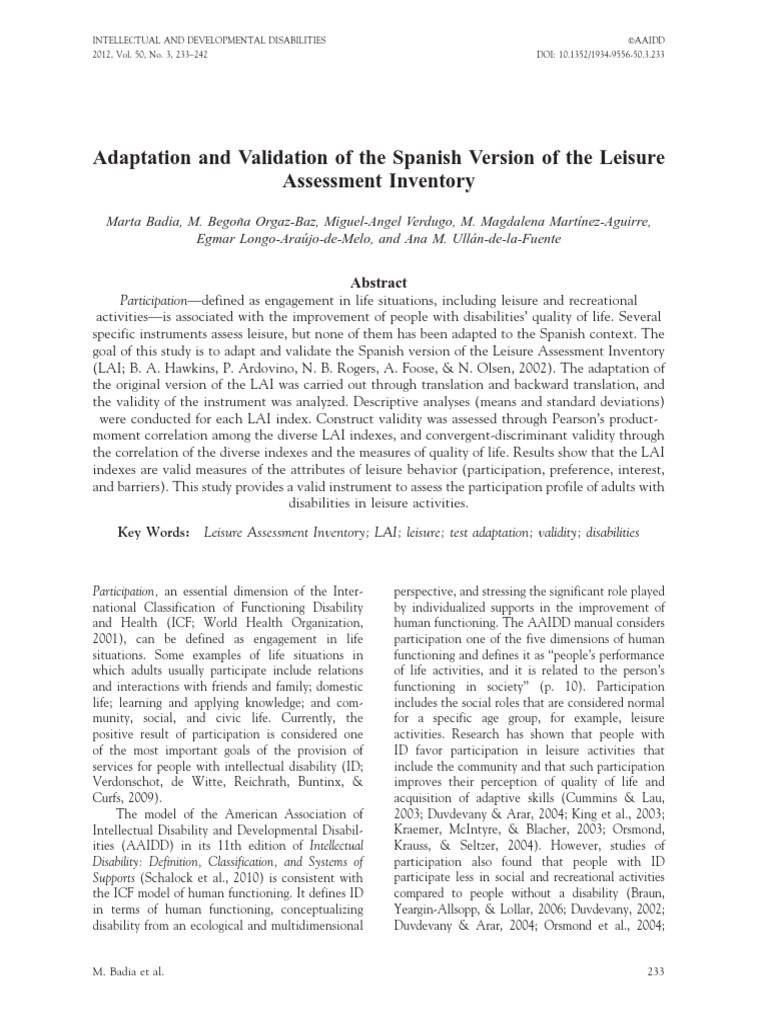 Spanish Adaptation of Leisure Assessment Inventory | PDF | Quality Of ...