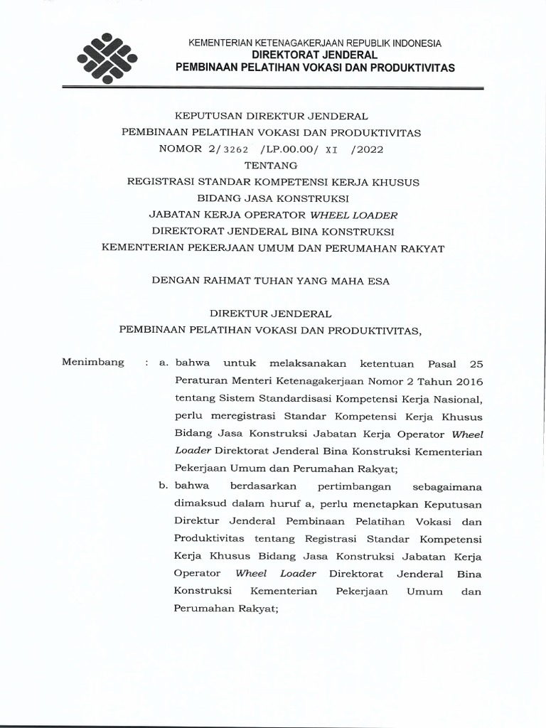 Kepdirjen 3262-2022 SKKK Operator Wheel Loader, PUPR | PDF