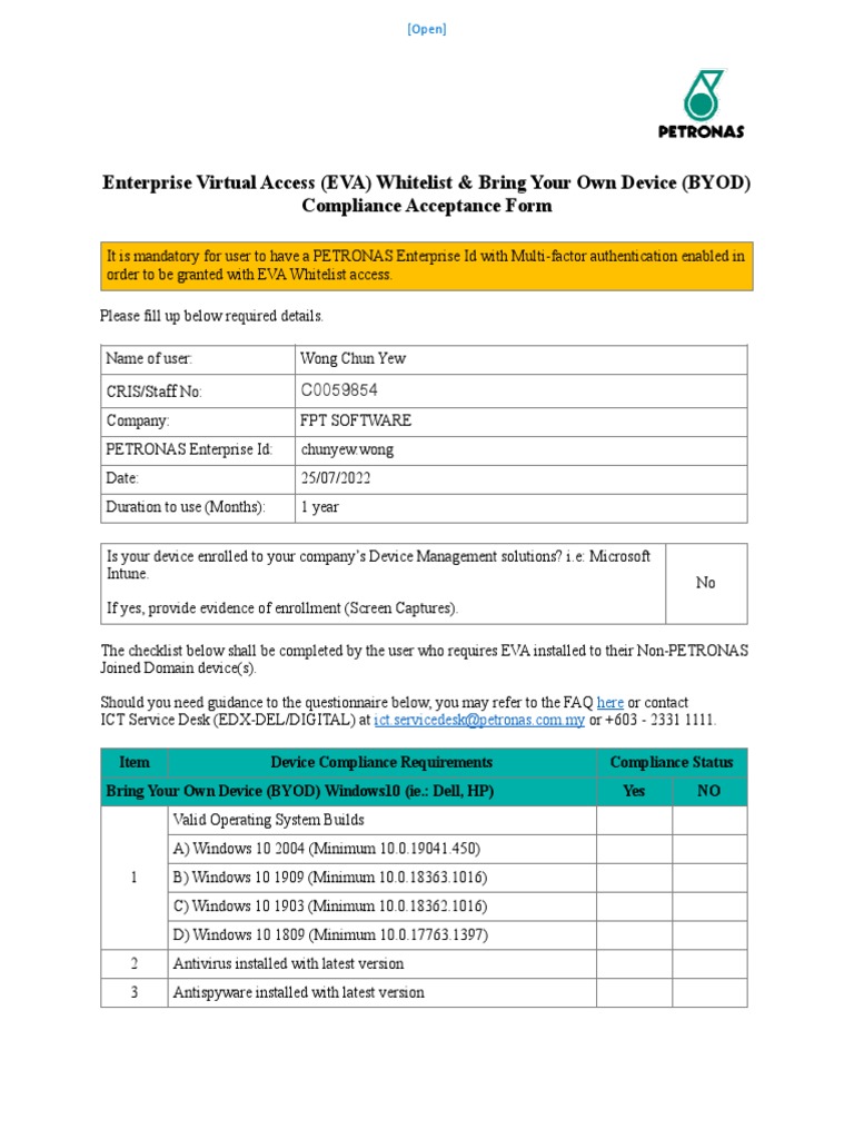 Bring Your Own Device (BYOD) Compliance Acceptance Form (Filled) | PDF